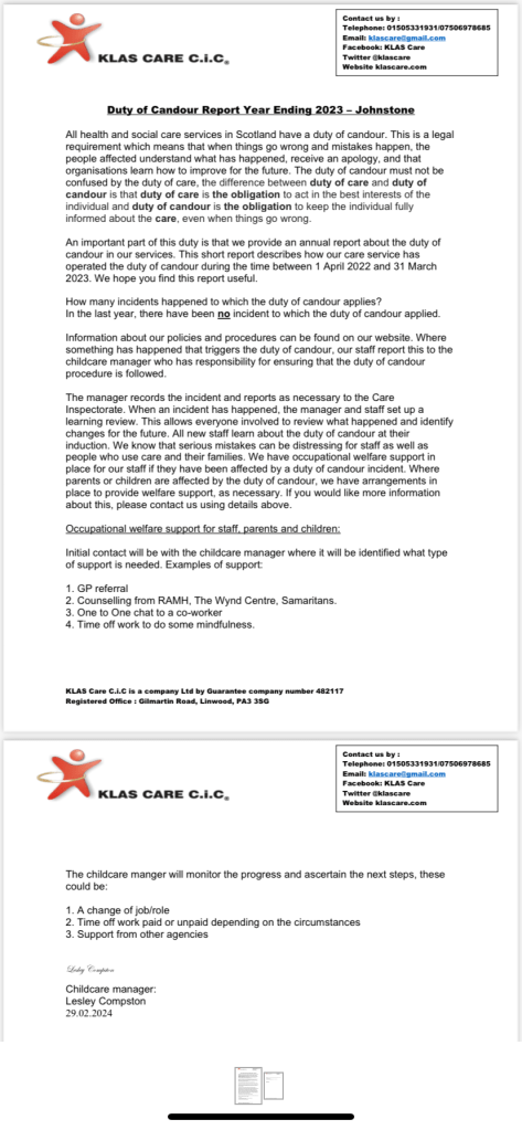 Duty of Candour report 2024 – KLAS Care C.I.C